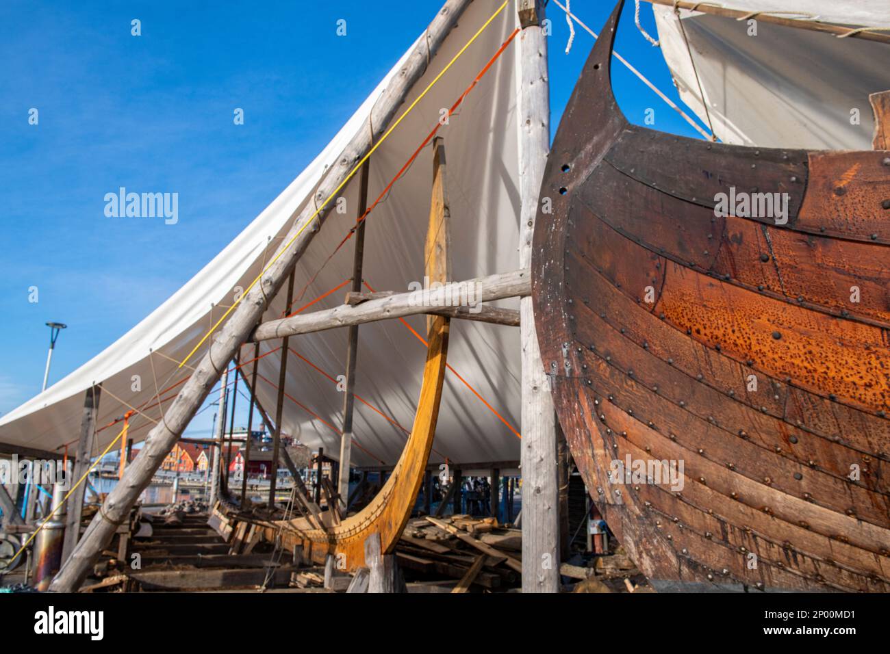 Replica Viking longboats under construction using traditional methods ...