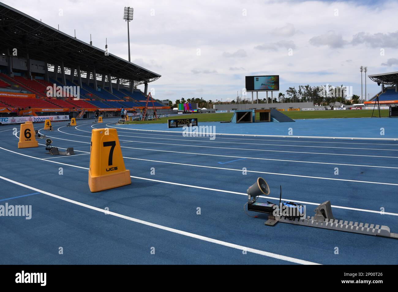 General overall view of starting blocks at Thomas A. Robinson Stadium ...