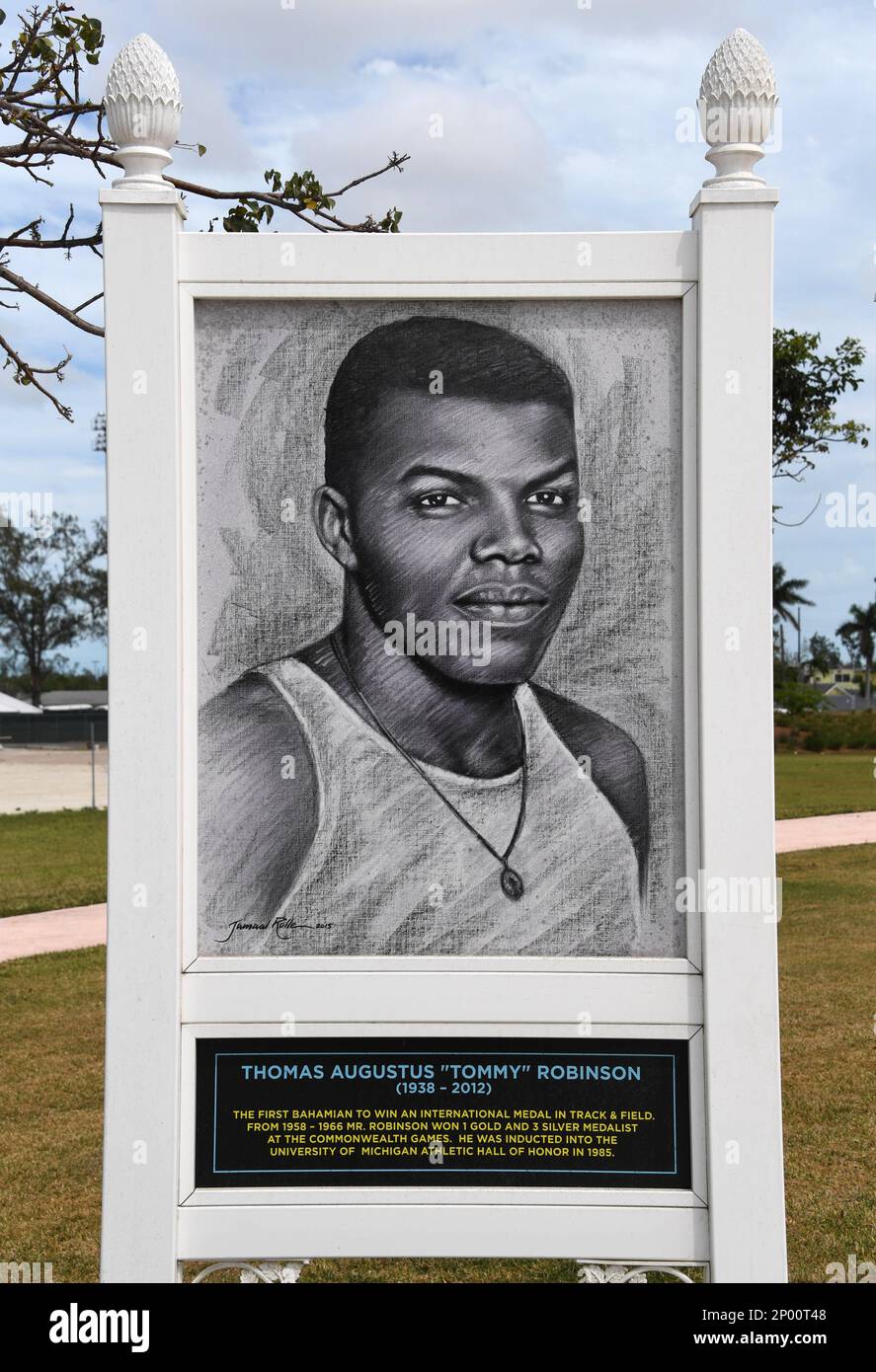 General overall view of commemorative sign to honor Thomas Robinson ...