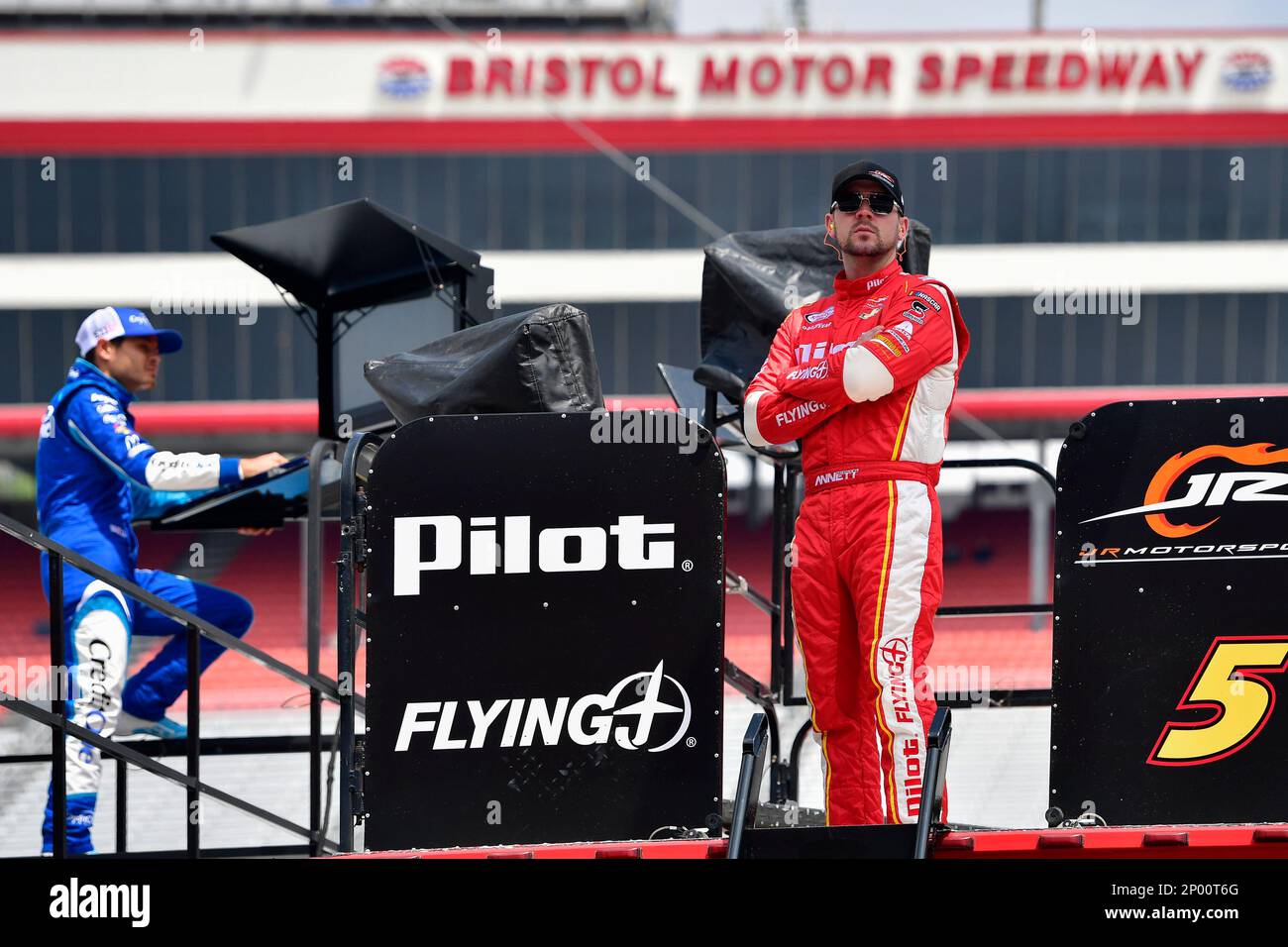Michael Annett (right) and Kyle Larson during practice for the NASCAR ...