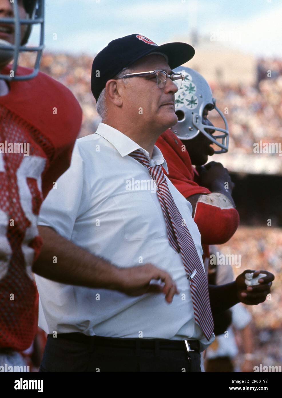 Ohio State Buckeyes head coach Woody Hayes looks on from the sideline ...