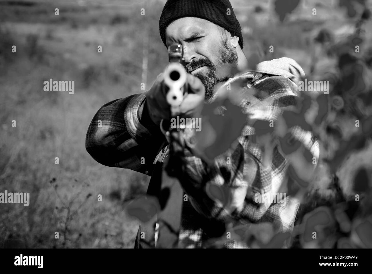 Autumn hunting season. Close up snipers carbine at the outdoor hunting ...