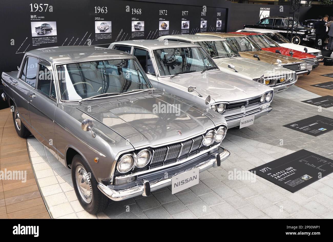 The successive 13 models of Nissan’s Skyline are displayed in Tokyo, on ...