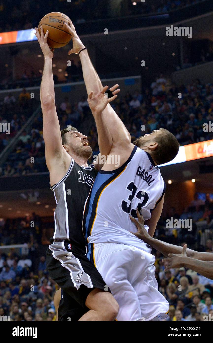 Memphis Grizzlies center Marc Gasol (33) blocks a shot by San Antonio ...