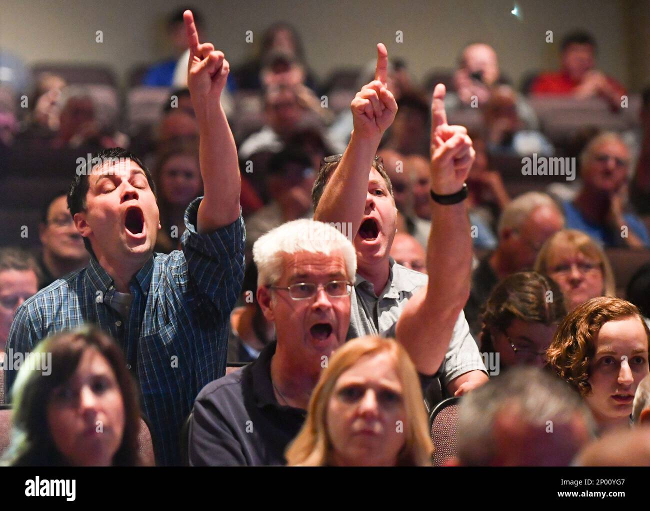 Audience members question U.S. Rep. Darin LaHood, R-Peoria, during a ...