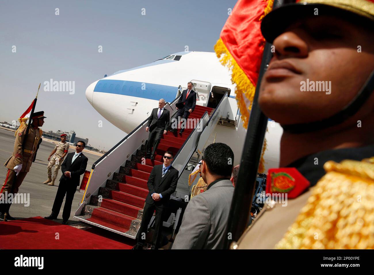 U.S. Defense Secretary James Mattis, (left on stairs) and U.S. Ambassador to Egypt Stephen ...