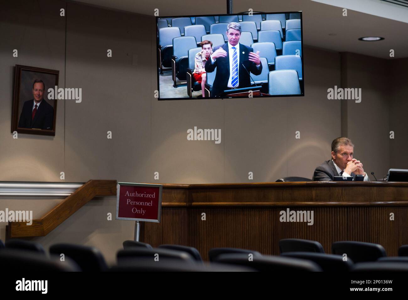 UNITED STATES - APRIL 18: Rep. Rob Wittman, R-Va., is seen on a monitor ...