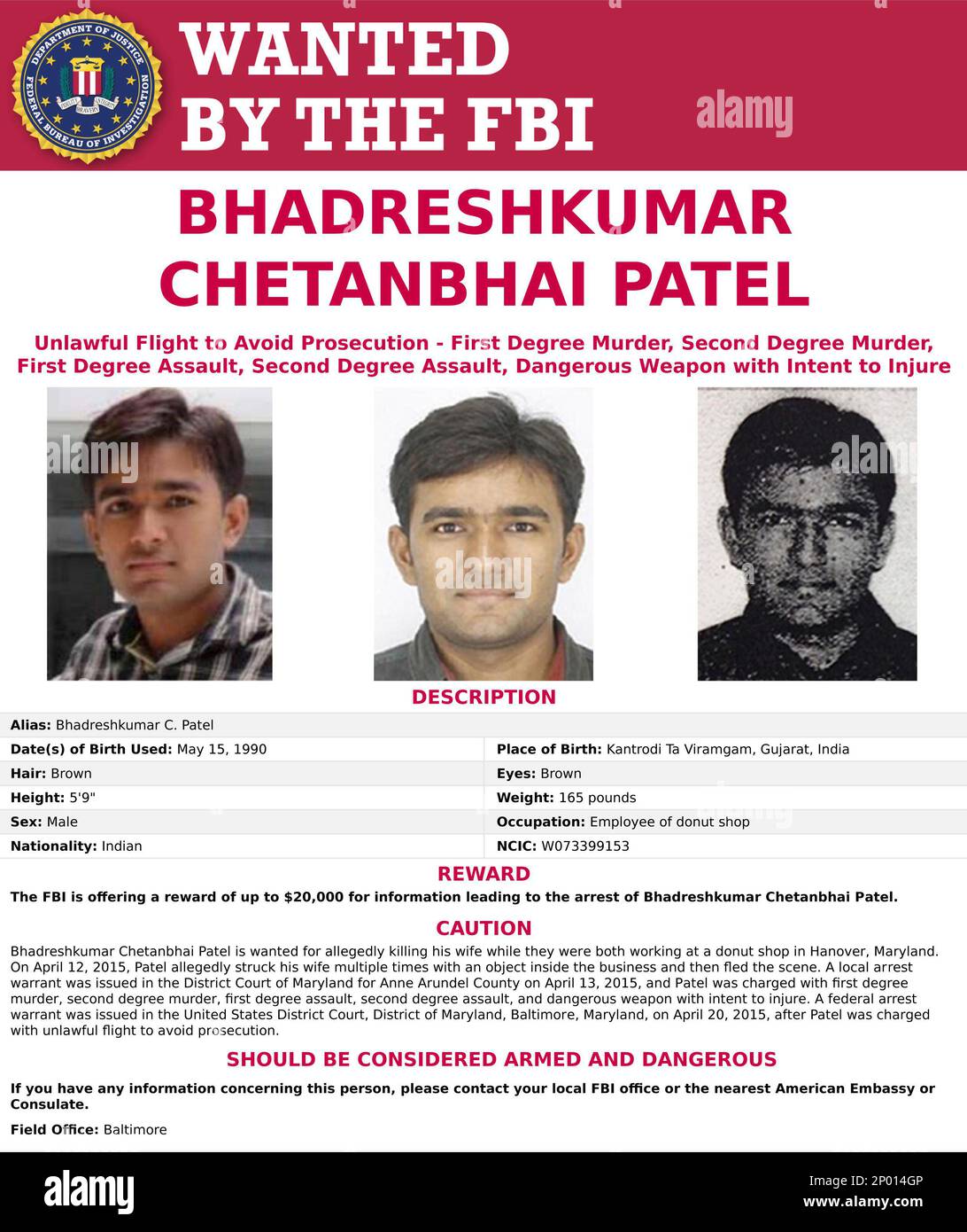 This poster released by the FBI shows Bhadreshkumar Patel. The FBI announced Tuesday, April 18 ...