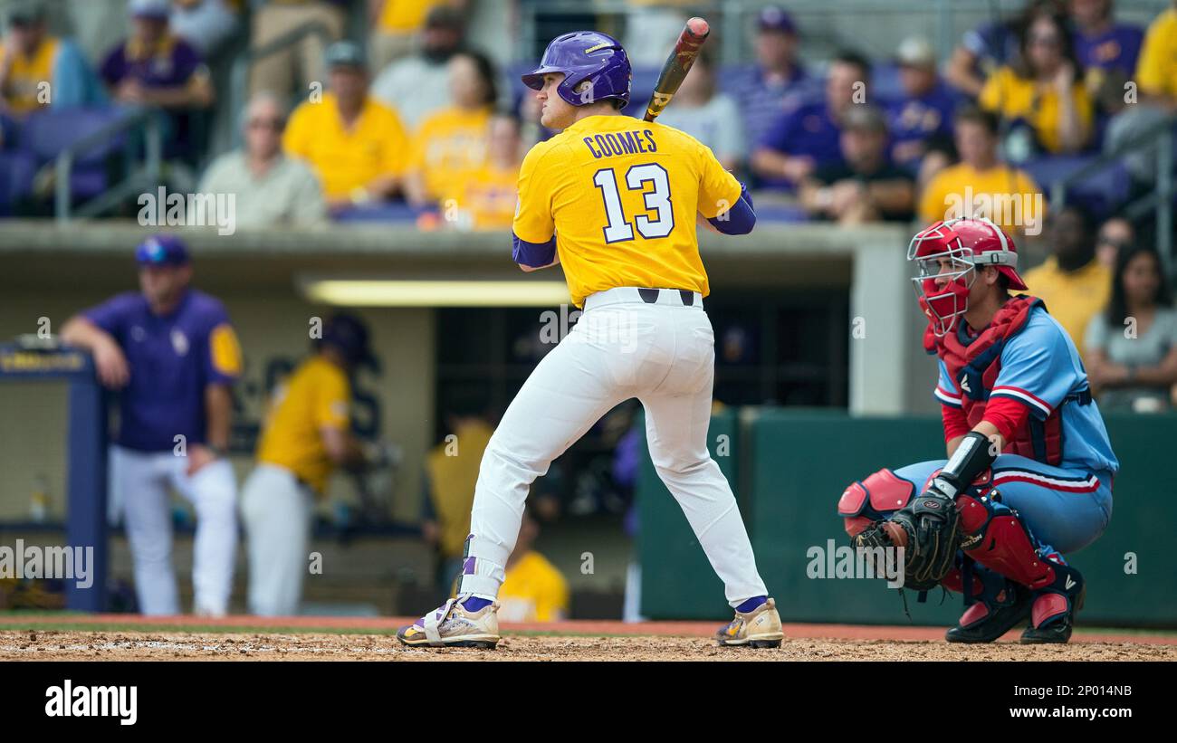 BATON ROUGE, LA - APRIL 15: LSU Tigers infielder Nick Coomes (13) bats ...
