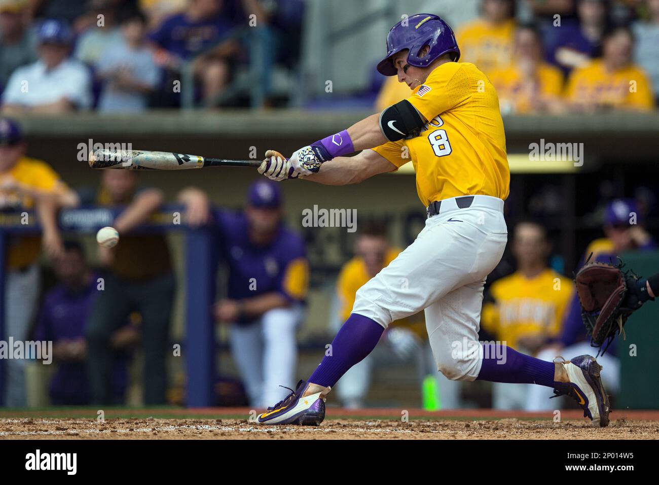 BATON ROUGE, LA - APRIL 15: LSU Tigers infielder Cole Freeman (8) hits ...
