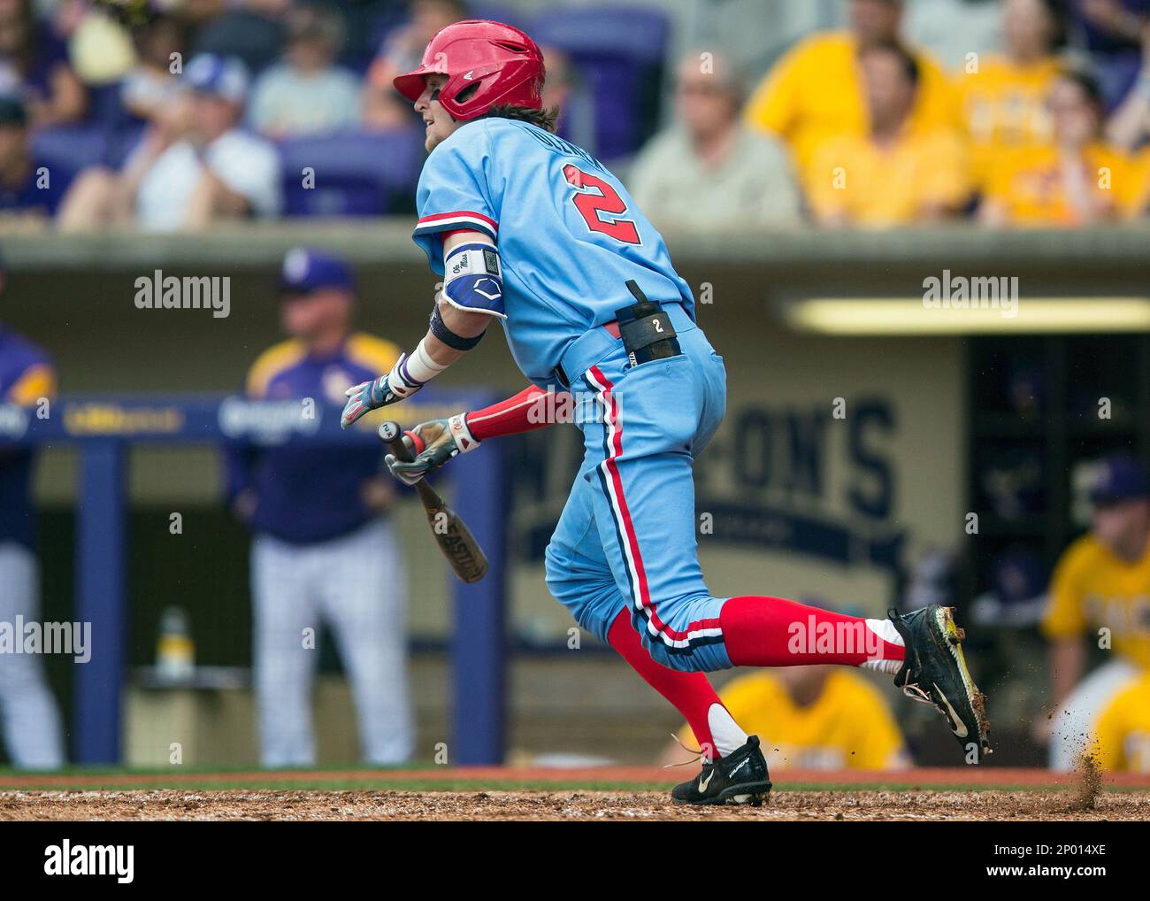 BATON ROUGE, LA - APRIL 15: Ole Miss Black Bears Ryan Olenek (2) bats ...
