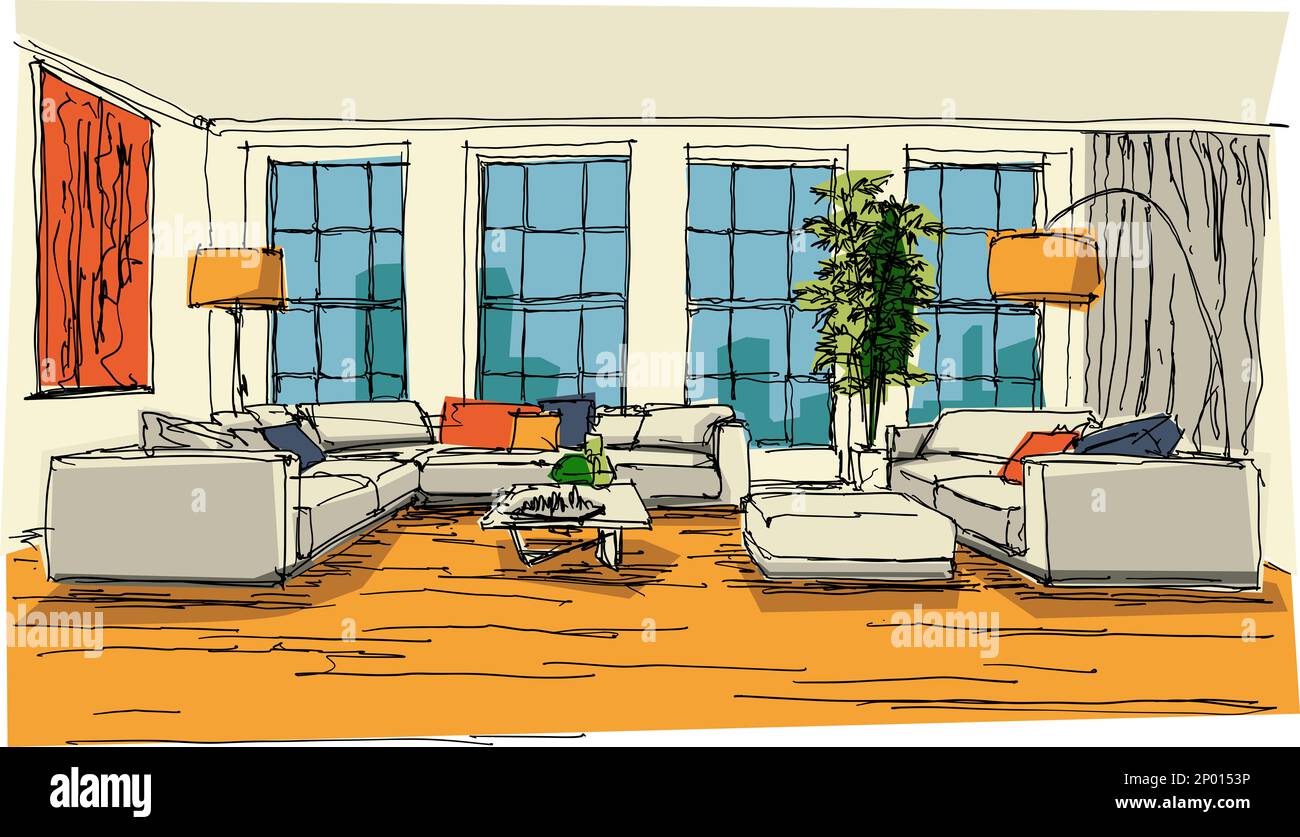 colorful hand drawn architectectural sketch of a modern abstract living ...