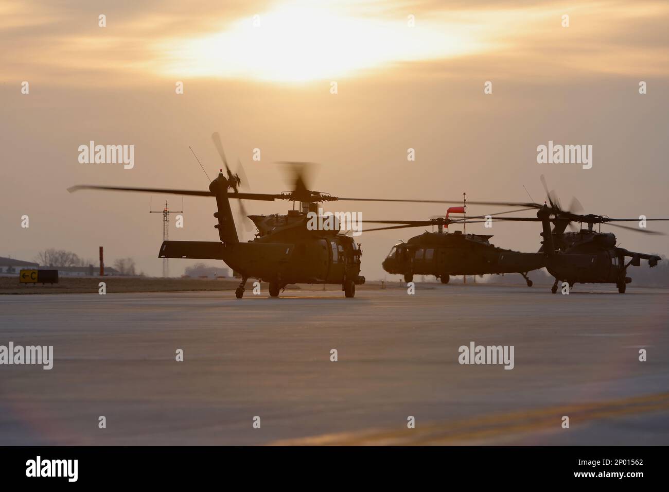 UH-60M Blackhawk helicopters line the runway at Desiderio Airfield ...