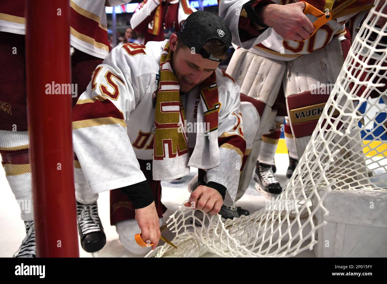CHICAGO, IL - APRIL 08: Denver Pioneers forward Evan Ritt (15) cuts the ...