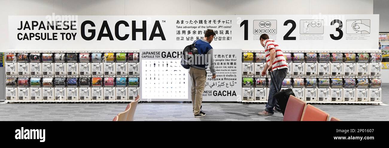 This photo shows vending machines of capsule toy lined up at the Kansai ...