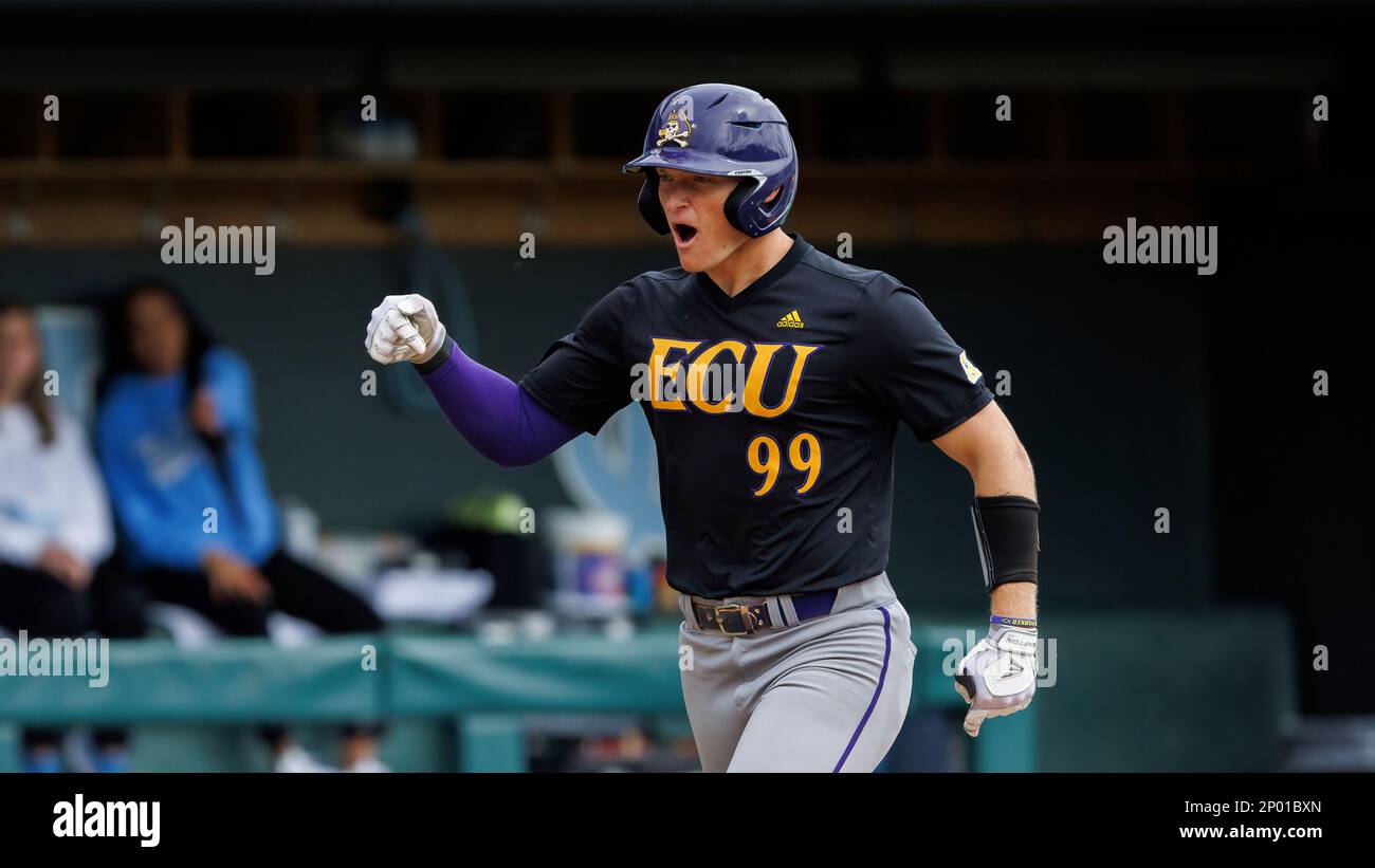 East Carolina's Alec Makarewicz (99) celebrates after a home run during ...