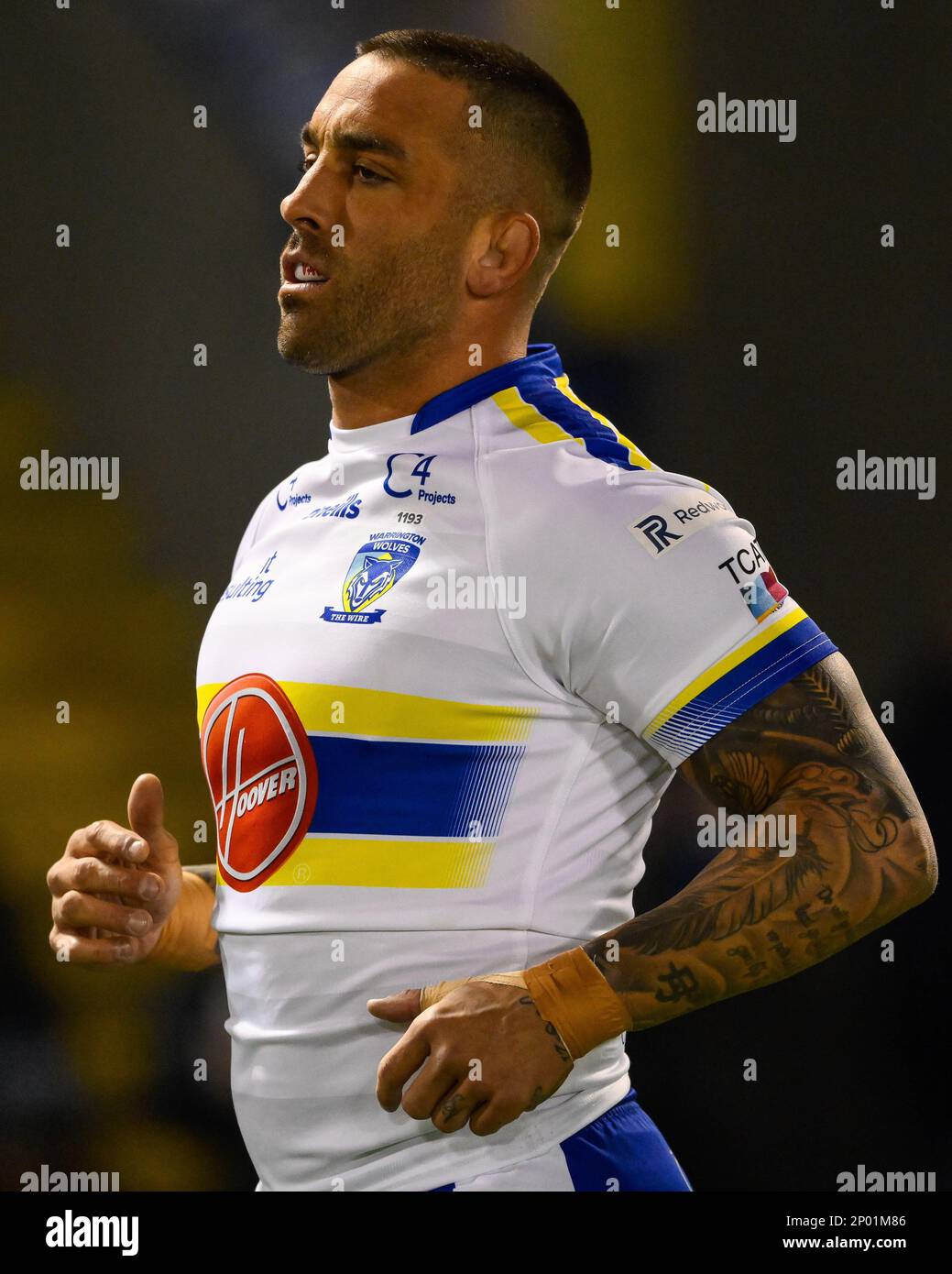 Paul Vaughan #10 of Warrington Wolves during pre match warm up ahead of ...