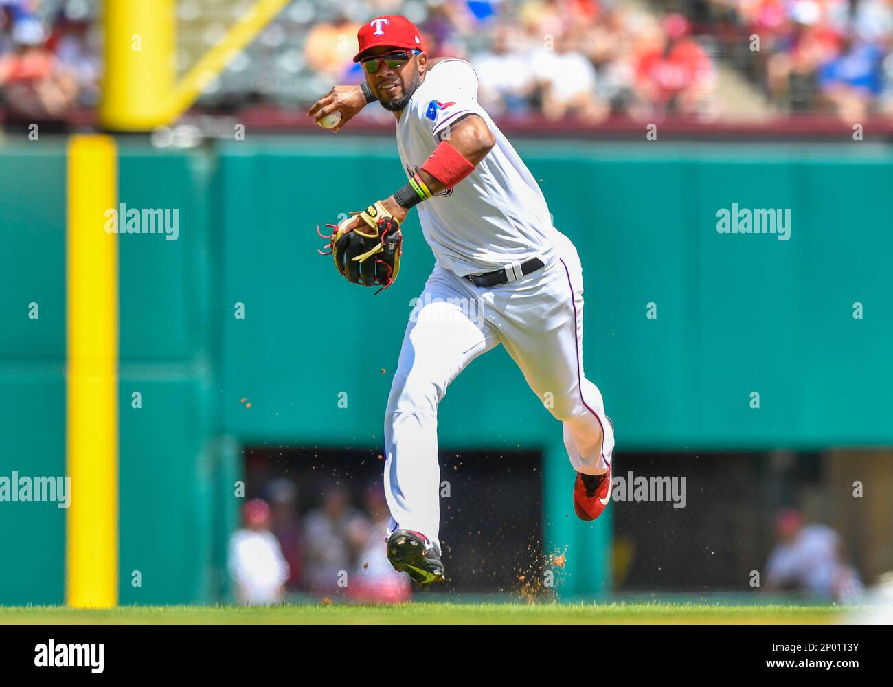 APR 09, 2017: Texas Rangers shortstop Elvis Andrus #1 makes a play to ...