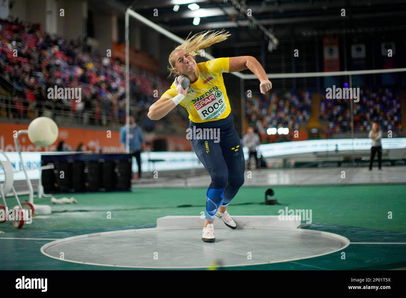 Fanny Roos, of Sweden, makes an attempt in the Women Shot Put ...