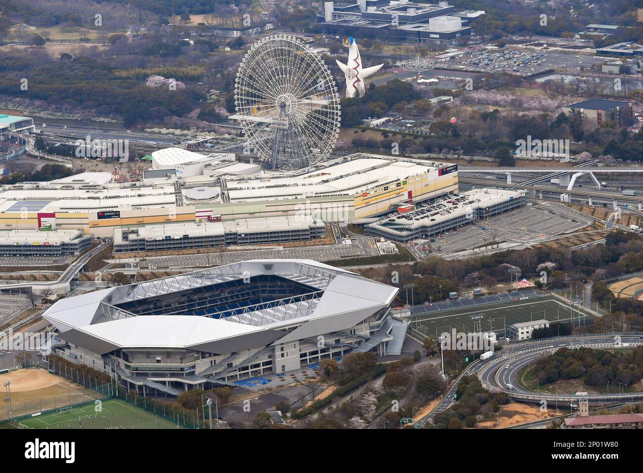 An aerial photo shows the Suita city football stadium (front) and the ...