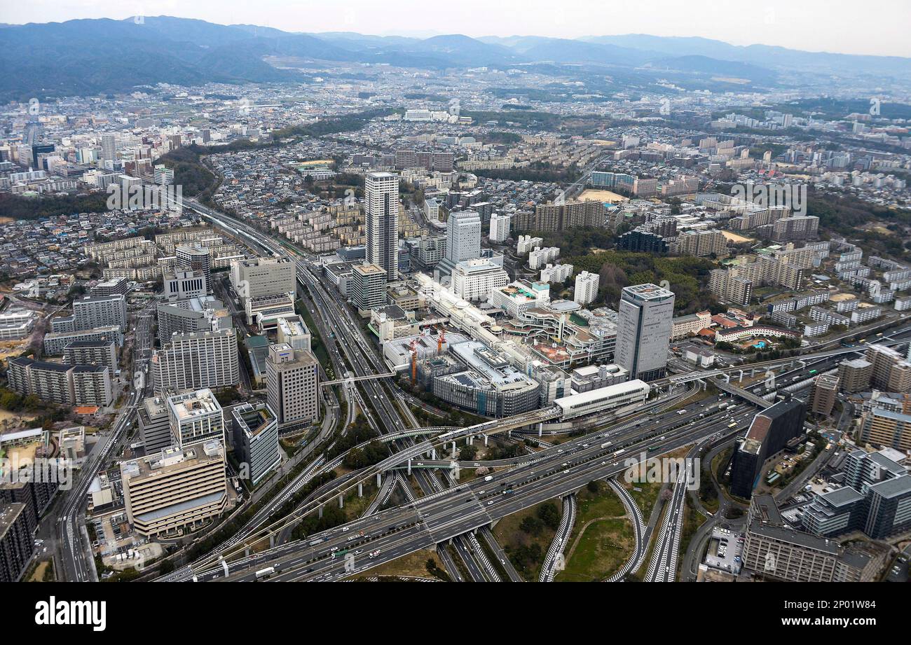 An aerial photo shows the town around the Senri Chuo Staion in Toyonaka ...