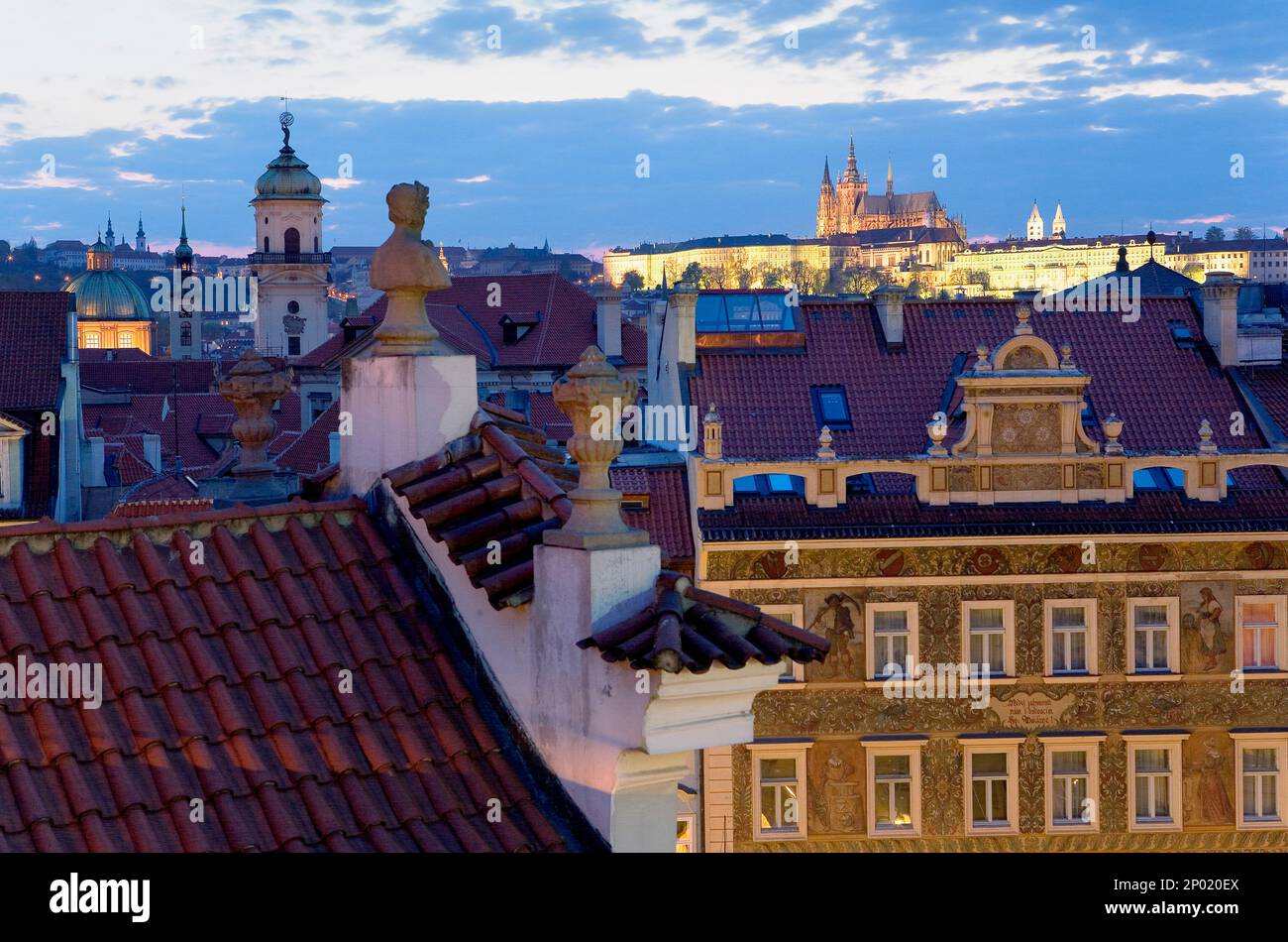 Overview on the city roof in Old Town area. In background Prague Castle ...