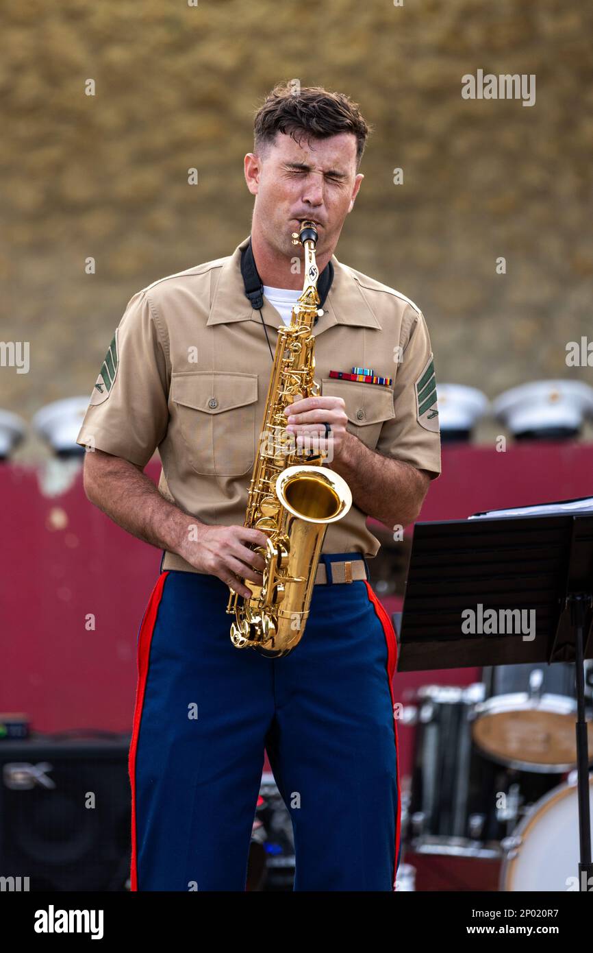 A U.S. Marine with Marine Corps Forces Pacific Band performs for ...