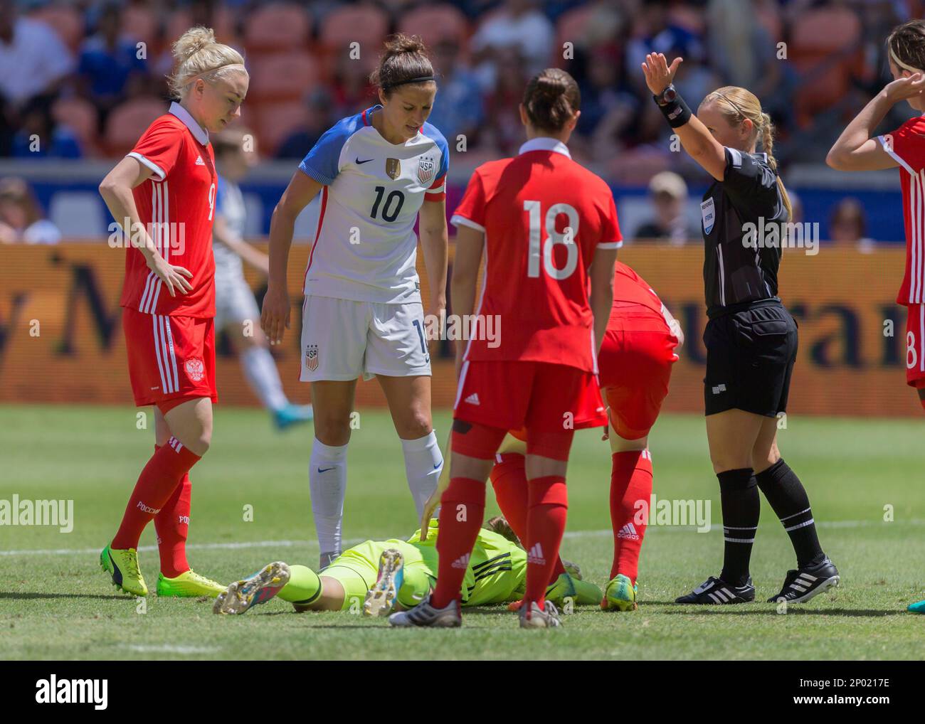 HOUSTON, TX - APRIL 09: Iulia Grichenko (21) goalkeeper of Russia is ...