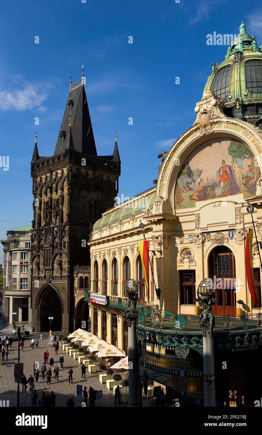 The Municipal house and the Powder tower.Prague. Czech Republic Stock ...