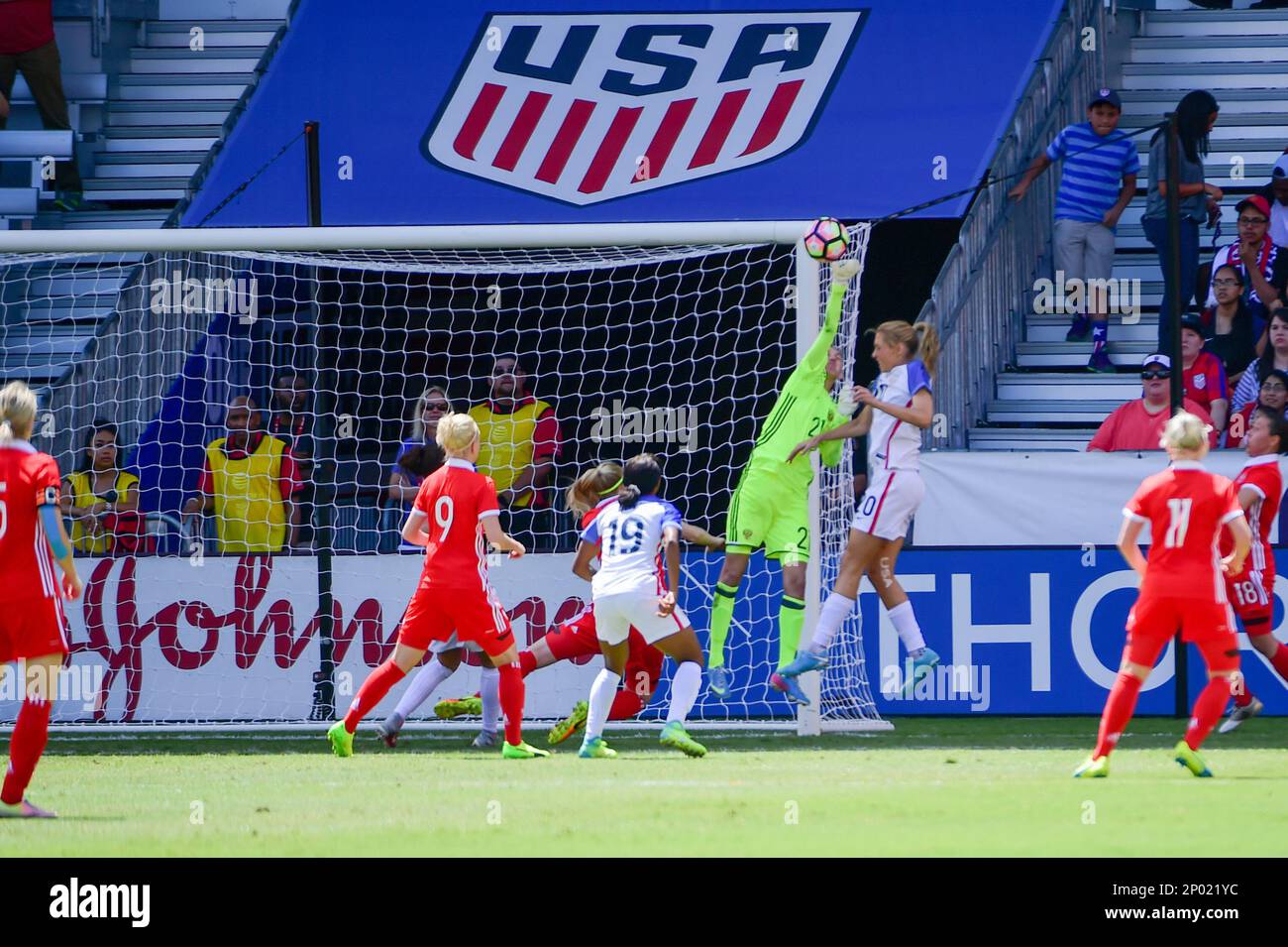 HOUSTON, TX - APRIL 9: Iuliia Grichenko (21) goalkeeper of Russia makes ...