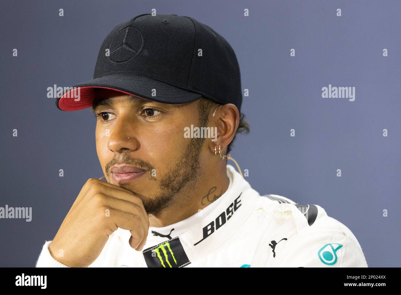 British F1 driver Lewis Hamilton of Mercedes attends the press ...