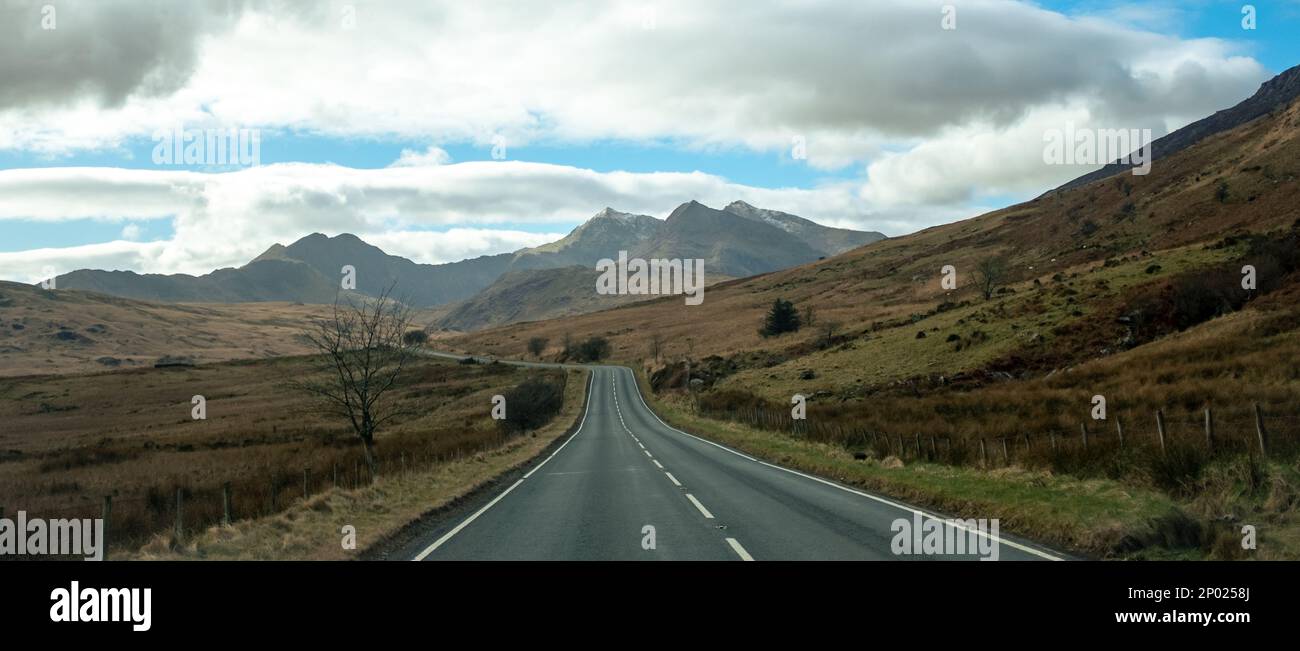 Wales- UK: Scenic driving view of the approach to Snowdonia National ...