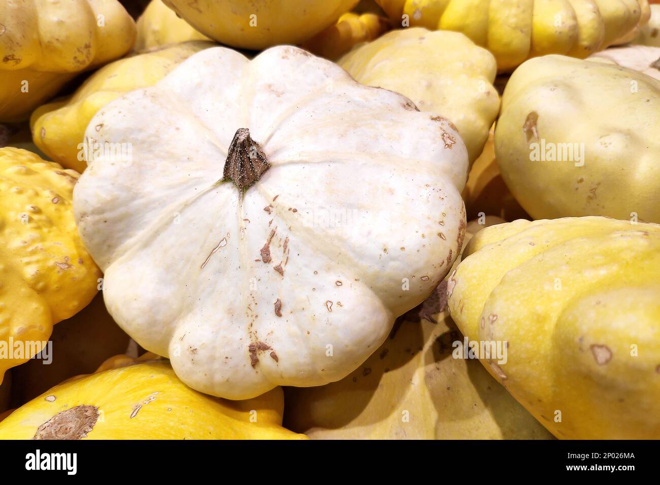 Close-up on a stack of pattypan squashes on a market stall Stock Photo ...