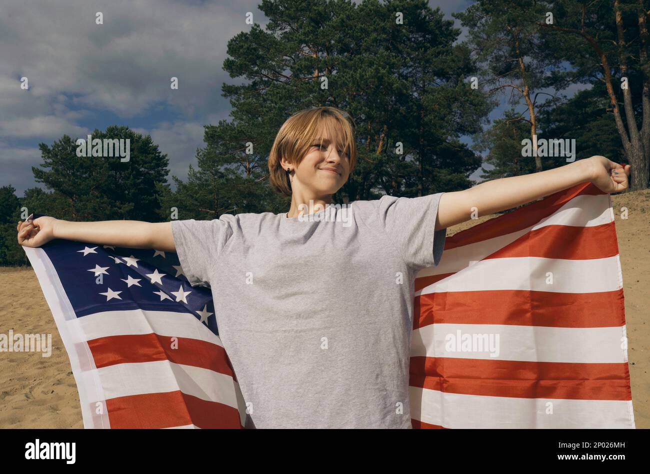 American flag - woman USA sport athlete winner cheering waving stars ...