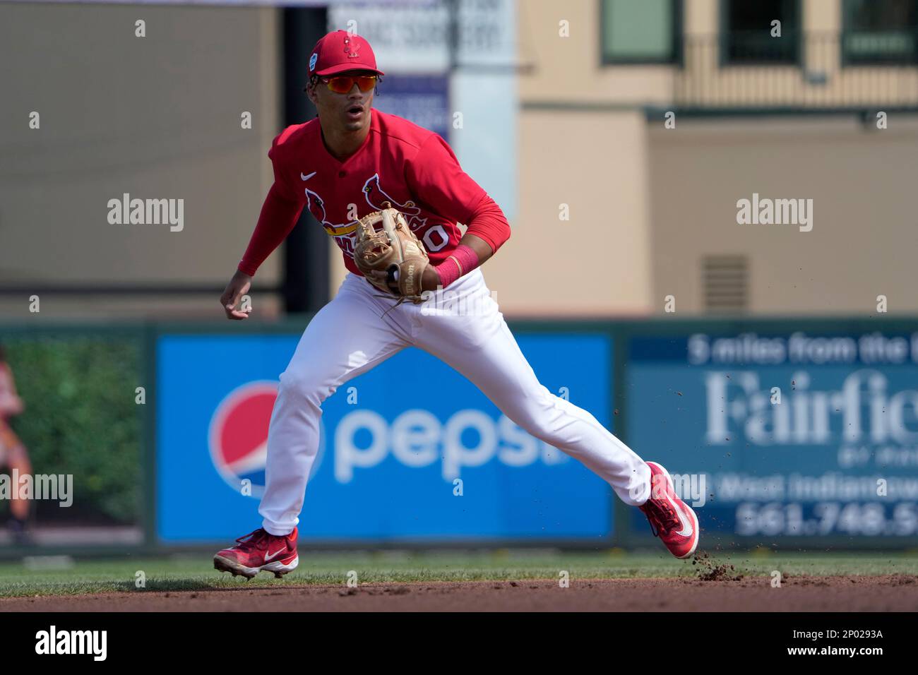 St. Louis Cardinals shortstop Masyn Winn takes up his position during ...