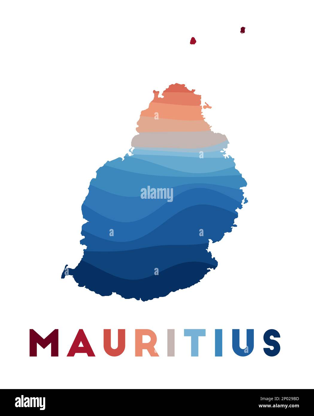 Mauritius map. Map of the island with beautiful geometric waves in red ...