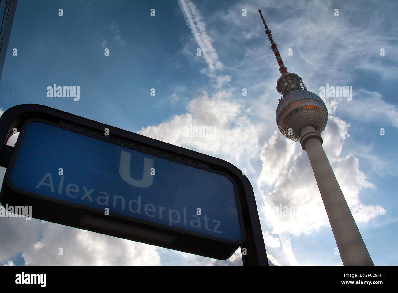 Alexanderplatz U-Bahn sign and Fernsehturm, Berlin, Germany Stock Photo ...