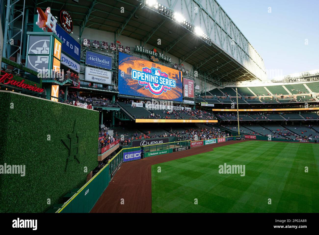 A inside wide angle stadium view of newly renovated outfield wall area ...