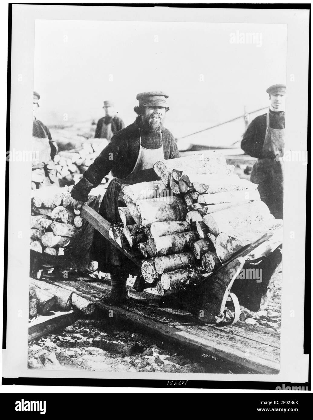 Man pushing wheelbarrow, loaded with firewood, Russia. Frank and ...