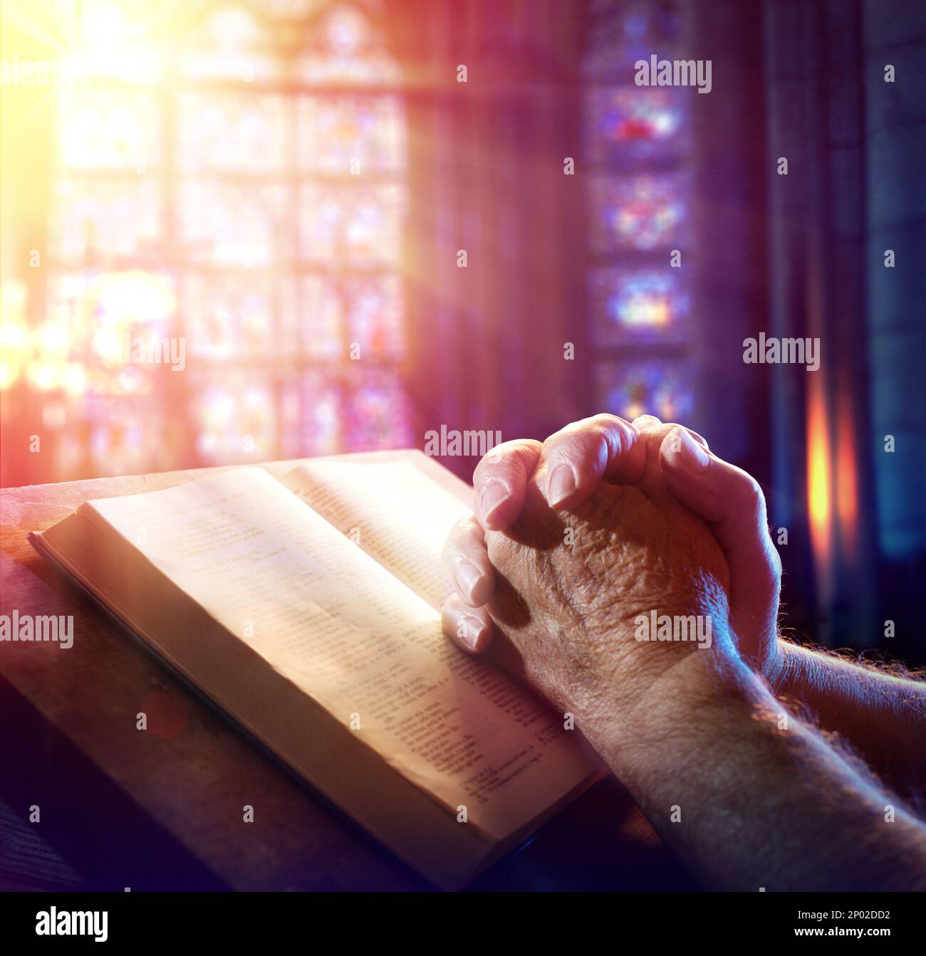 Hands Of A Man Praying With Bible Stock Photo - Alamy