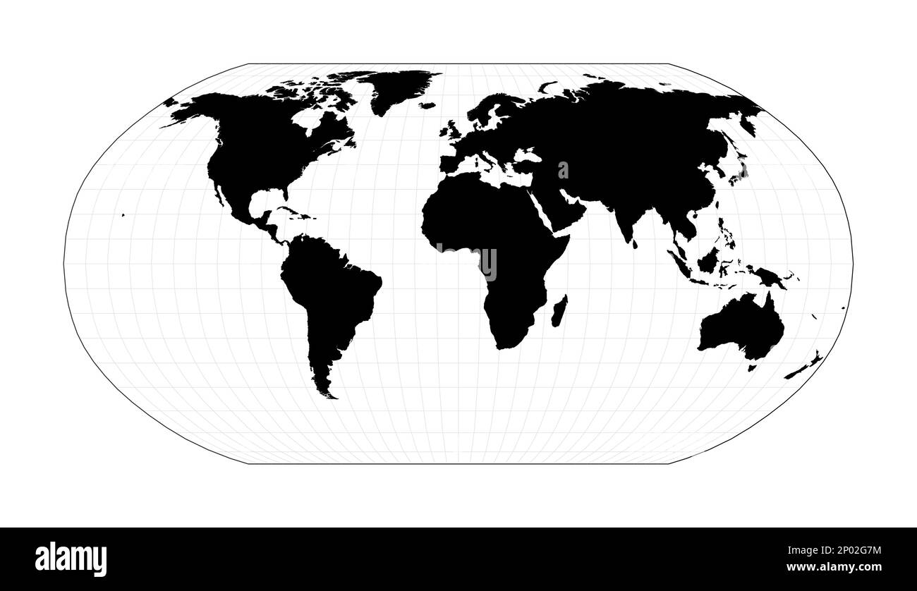World map with graticule lines. Robinson projection. Plain world ...