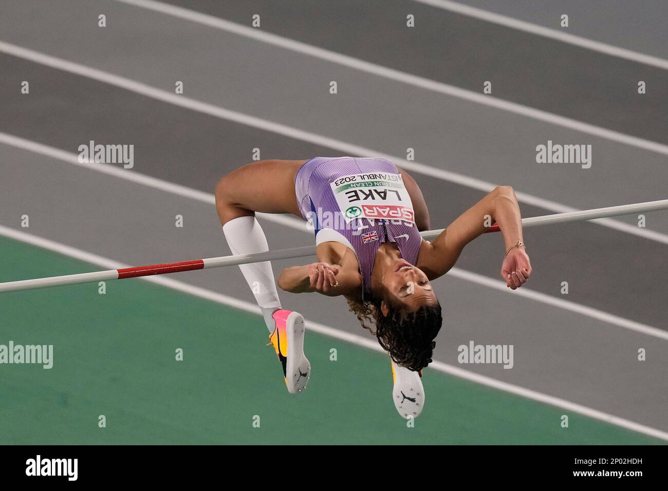 Morgan Lake, of Great Britain, makes an attempt in the Women High Jump ...
