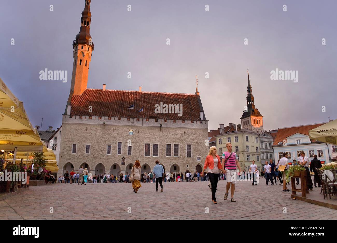 Medieval town hall in Town Hall Square,at right belltower of St ...