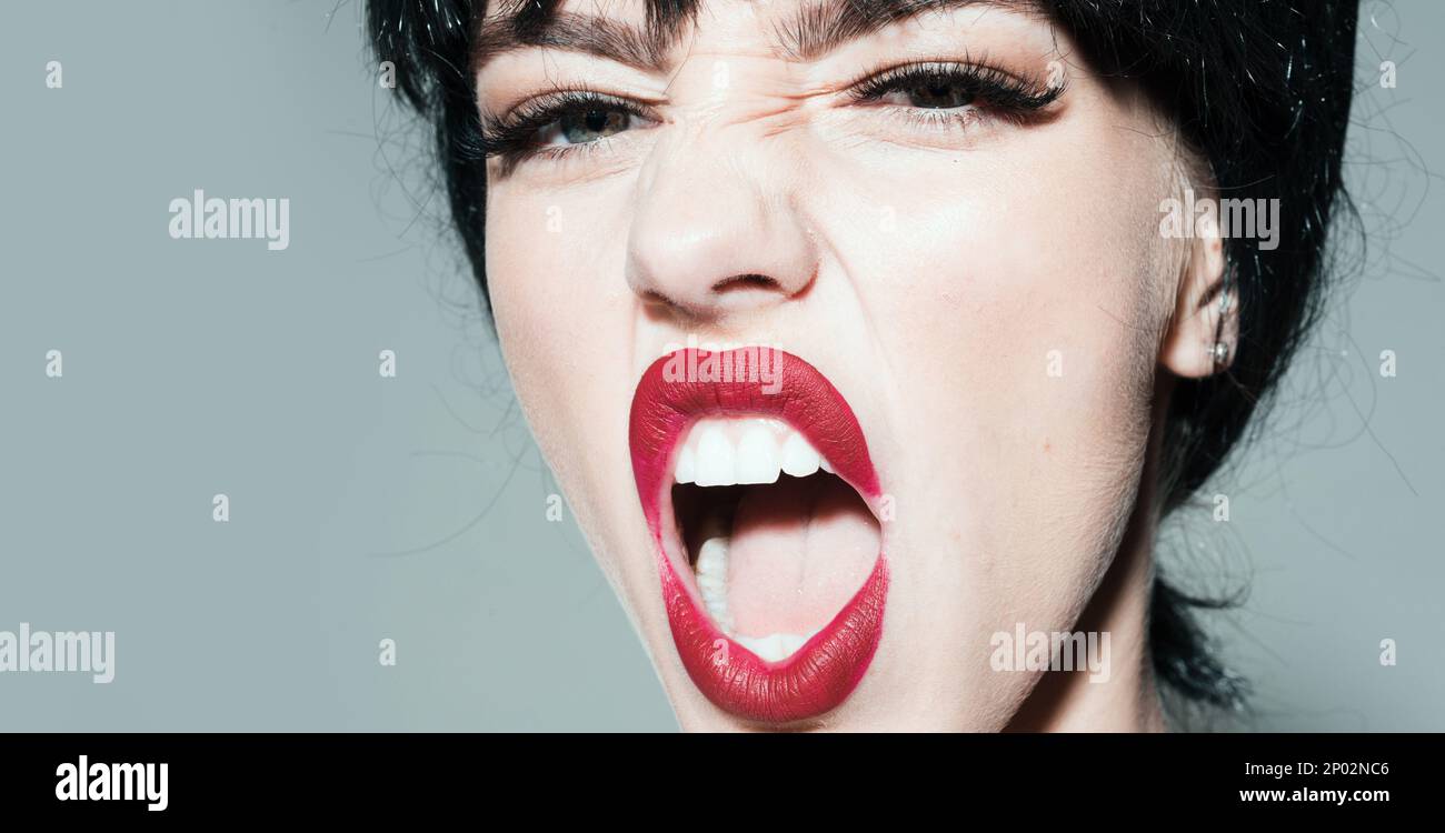 Excited angry woman screaming and shouting. Horizontal banner for ...