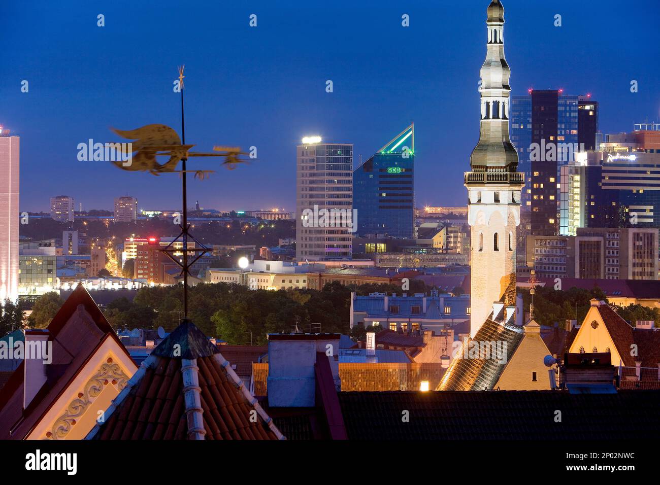 Town Hall Tower and modern city from viewing platform in Toompea ...