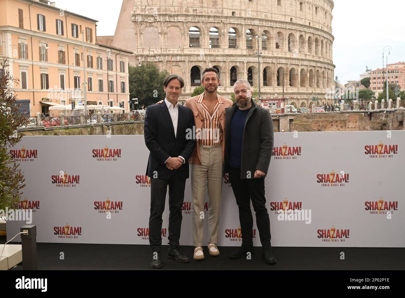 Peter Safran (l), Zachary Levi (c) and David F. Sandeberg (r), attend ...