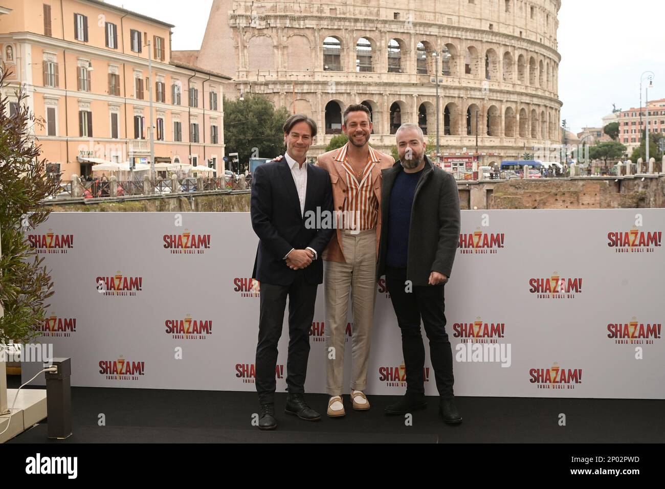 Peter Safran (l), Zachary Levi (c) and David F. Sandeberg (r), attend ...