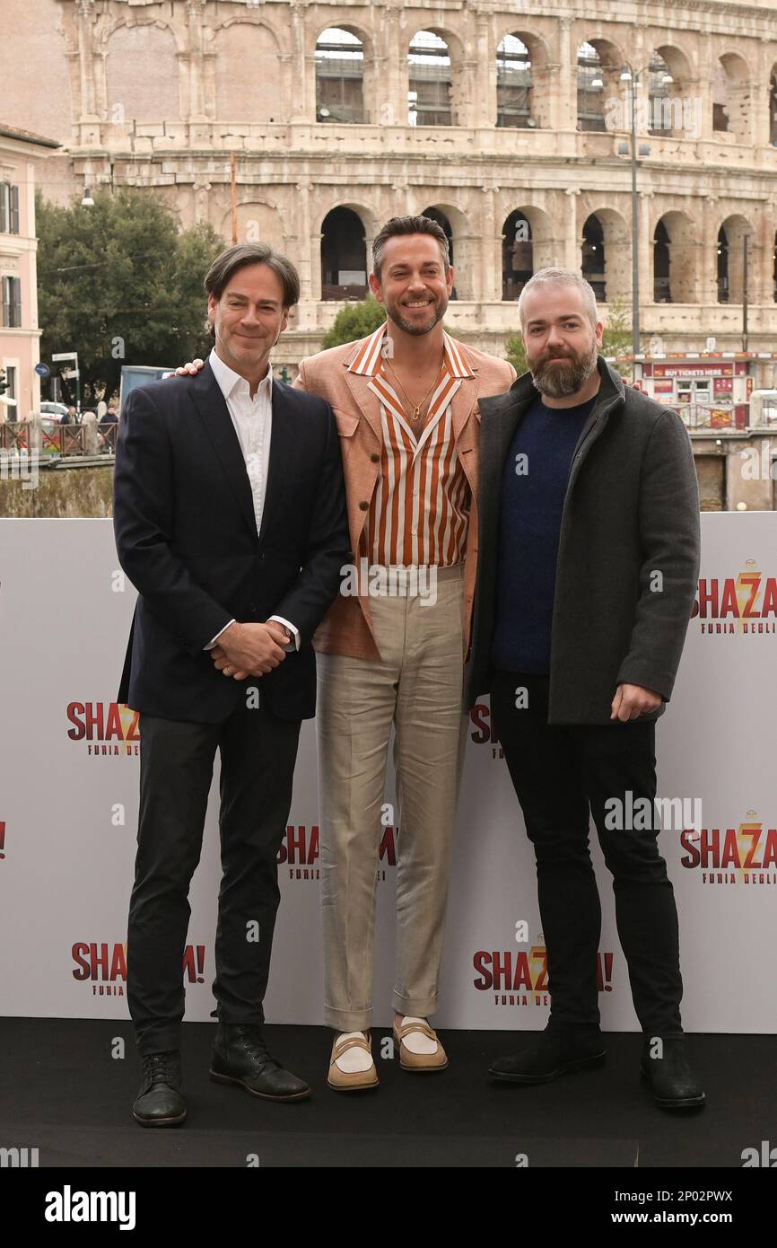 Peter Safran (l), Zachary Levi (c) and David F. Sandeberg (r), attend ...