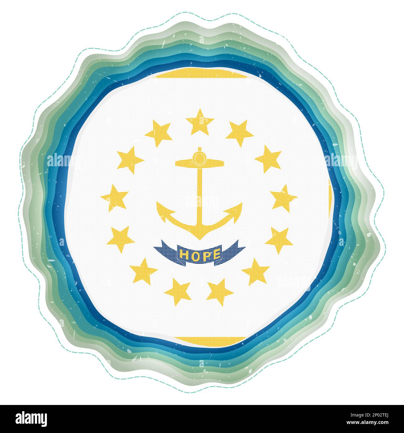 Rhode Island flag in frame. Badge of the US state. Layered circular sign around Rhode Island ...