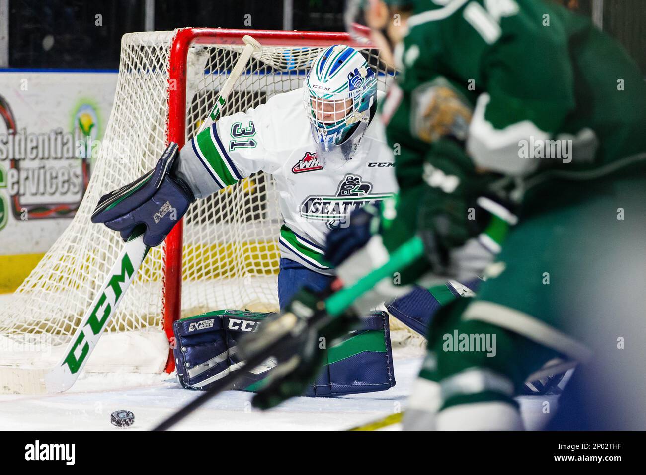 Seattle Thunderbirds goaltender Rylan Toth (31) makes a stick save ...